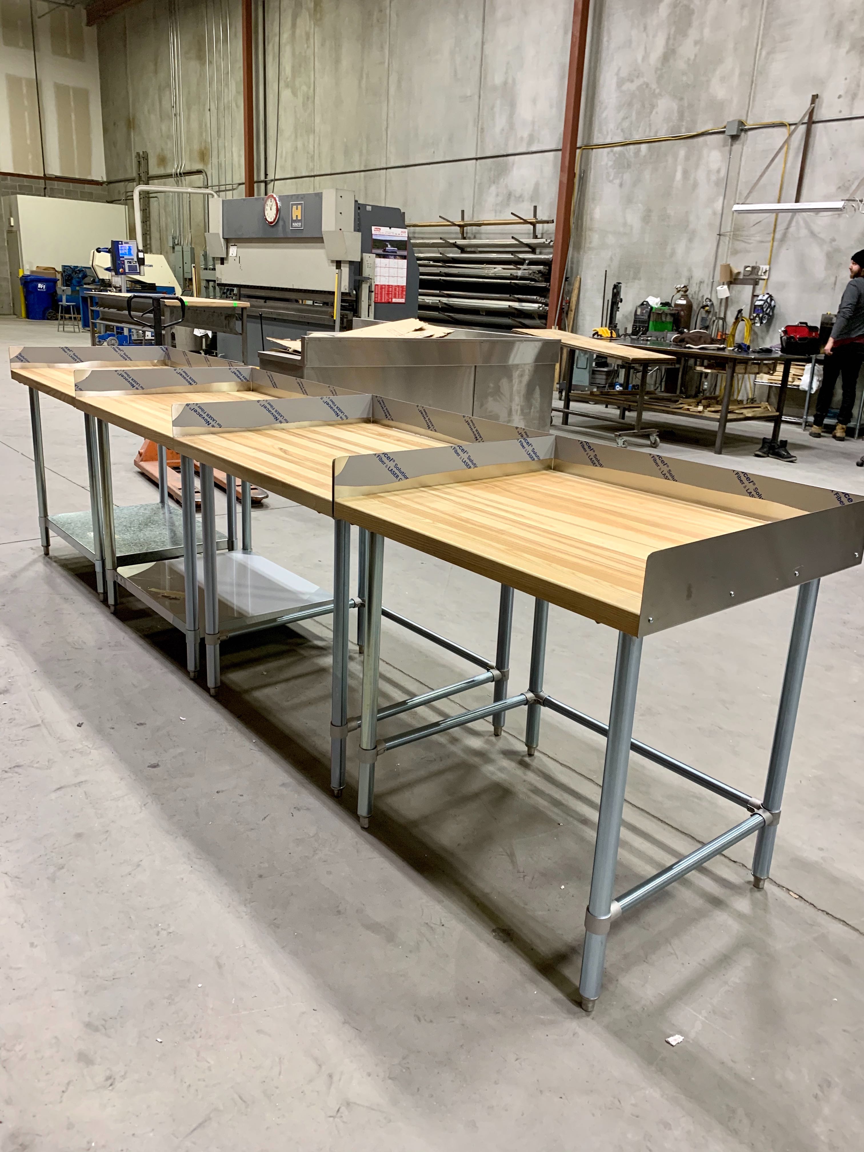Bakers Tables Shown with Both 3-Sided Leg Brace and Undershelf - Tarrison Products